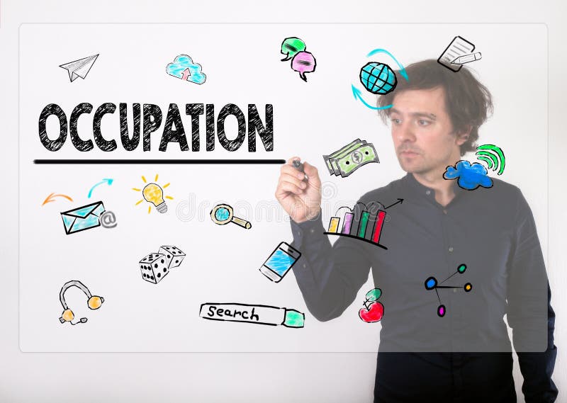 Occupation Concept. Businessman Writing with Black Marker on Visual ...