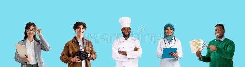 People of Different Professions Posing Over Blue Background Stock Image ...