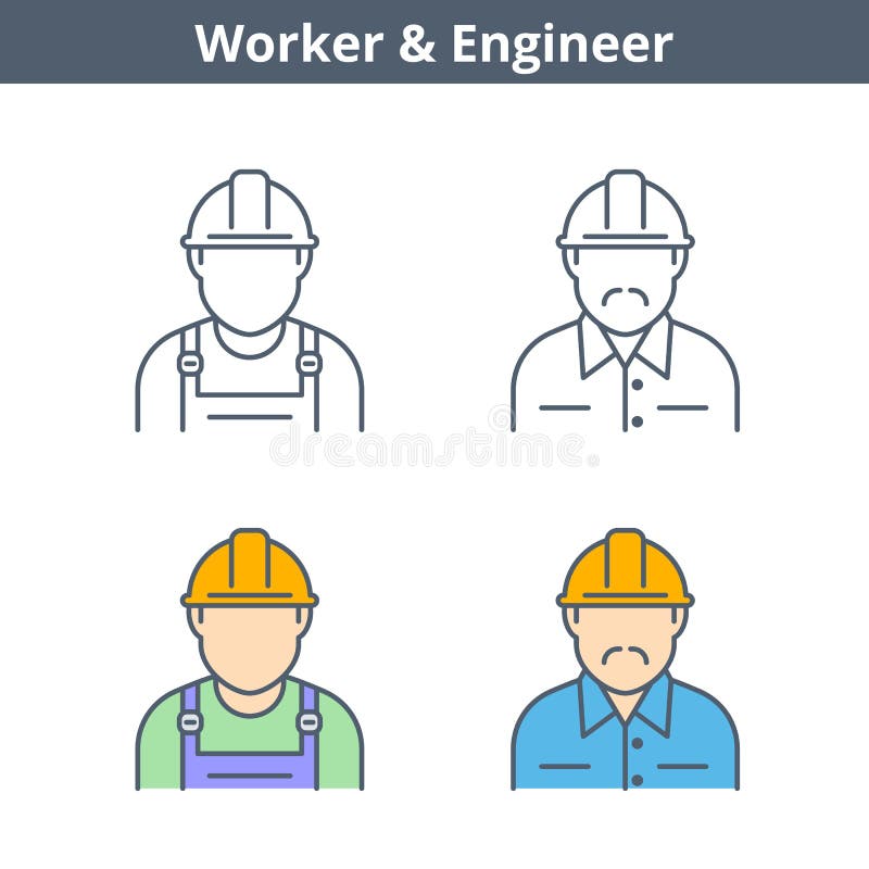 Occupations Linear Avatar Set: Engineer, Worker. Thin Outline Icons ...