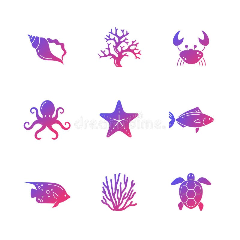 Marine Life Icons Set For Design. Linear Style Stock Vector ...