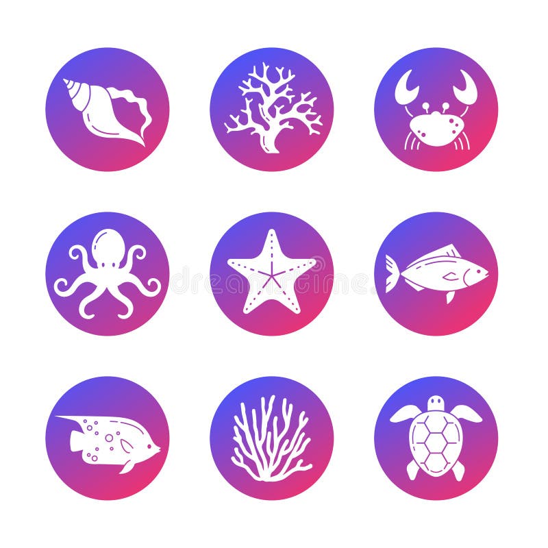 Marine Life Icons Set. White Background Stock Vector - Illustration of ...