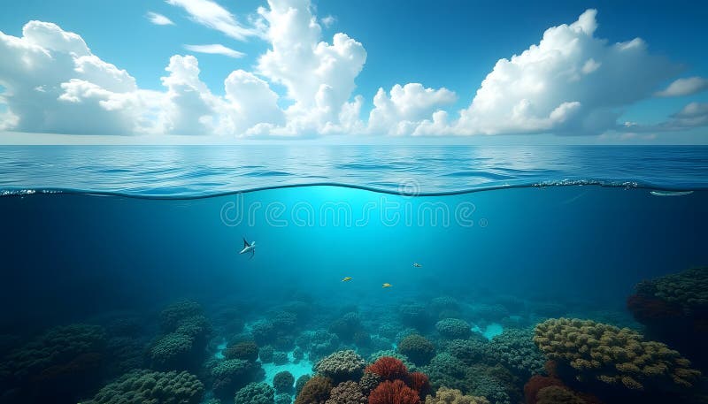 Ocean Above and Below - Split View of Marine Life Stock Illustration ...