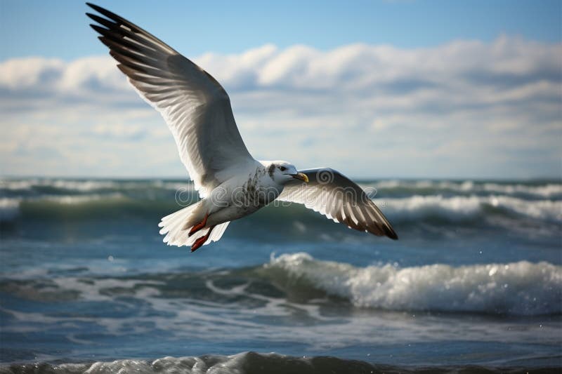 Ocean Aviator Gull in Flight, Wings Span Over the Sea Stock ...