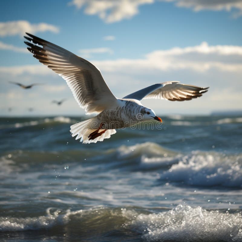 Ocean Aviator Gull in Flight, Wings Span Over the Sea Stock ...