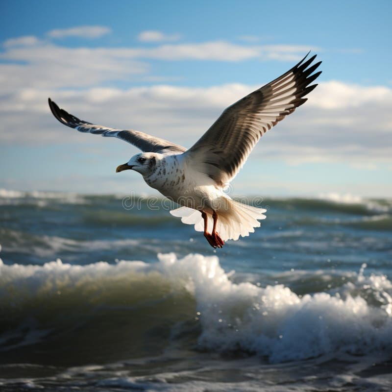 Ocean Aviator Gull in Flight, Wings Span Over the Sea Stock ...