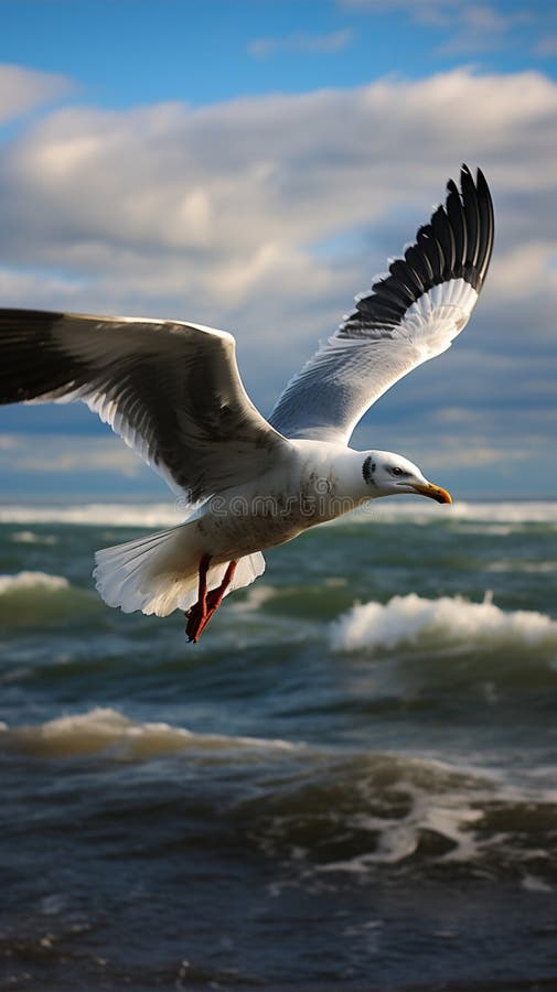 Ocean Aviator Gull in Flight, Wings Span Over the Sea Stock ...