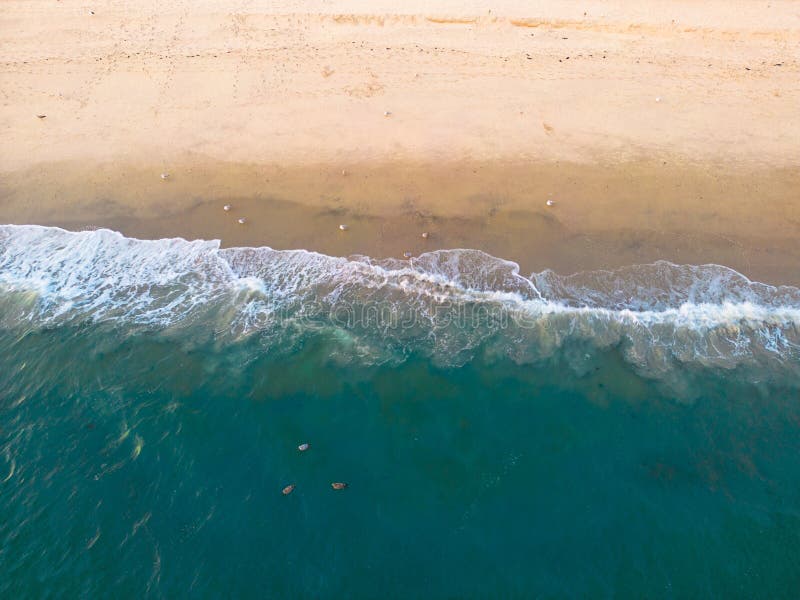 Ocean and Beach Sand Seen from Overhead View with Tide and Waves Stock ...