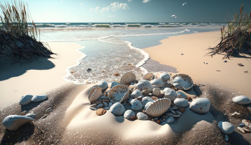 Ocean Beach with Shells, Generative Ai Stock Illustration ...
