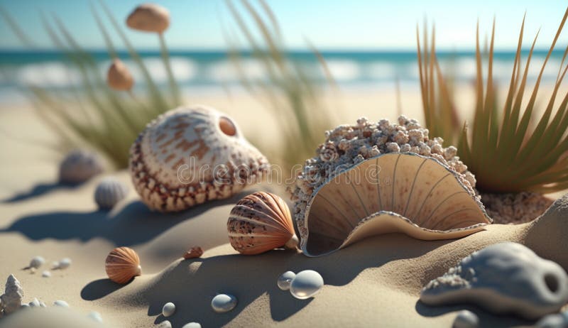Ocean Beach with Shells, Generative Ai Stock Illustration ...