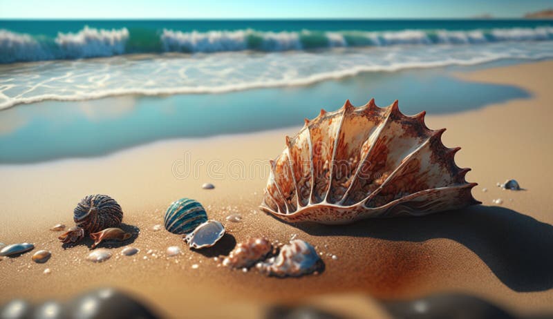 Ocean Beach with Shells, Generative Ai Stock Illustration ...