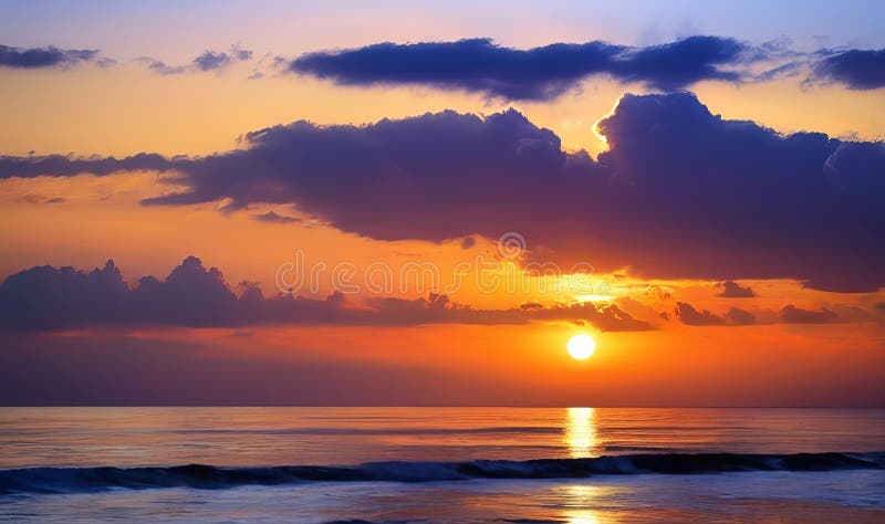 Ocean Beach Sunrise with Color Sun Rays Over Sea Waves Stock ...