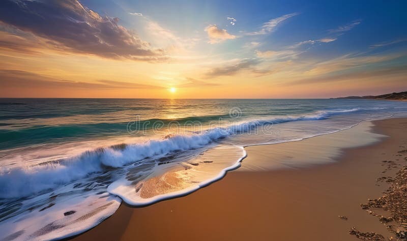 Ocean Beach Sunrise with Color Sun Rays Over Sea Waves Stock ...