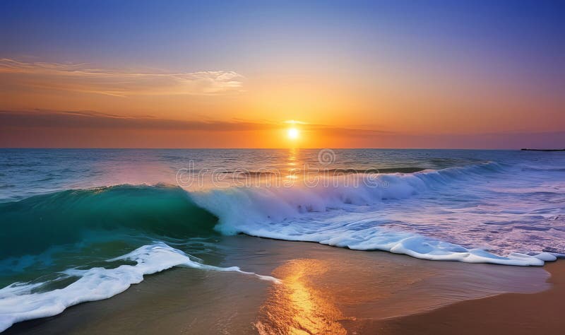 Ocean Beach Sunrise with Color Sun Rays Over Sea Waves Stock ...
