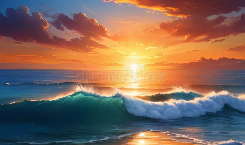 Ocean Beach Sunrise with Color Sun Rays Over Sea Waves Stock ...