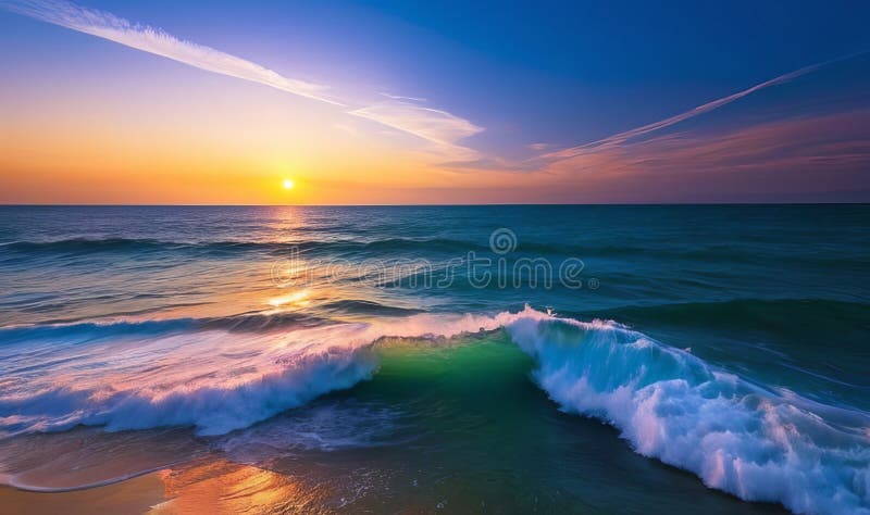 Ocean Beach Sunrise with Color Sun Rays Over Sea Waves Stock ...