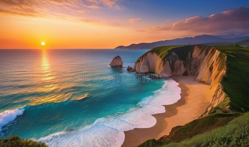 Ocean Beach Sunrise with Color Sun Rays Over Sea Waves Stock ...