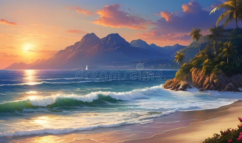 Ocean Beach Sunrise with Color Sun Rays Over Sea Waves Stock ...