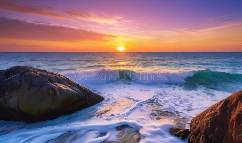 Ocean Beach Sunrise with Color Sun Rays Over Sea Waves Stock ...