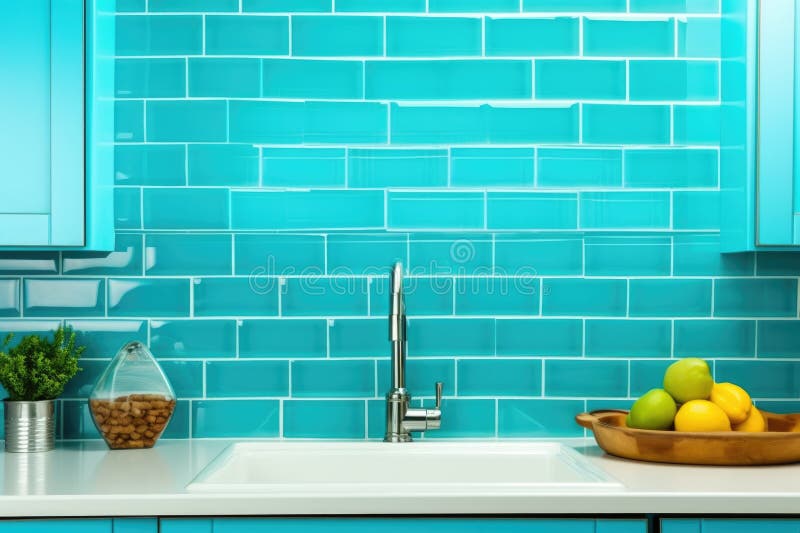 Ocean Blue Subway Tiles in a Kitchen Stock Image - Image of ocean ...