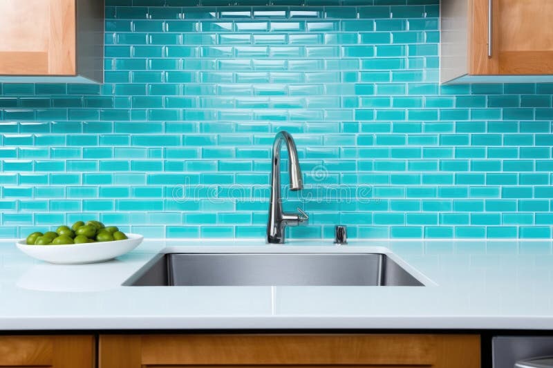 Ocean Blue Subway Tiles in a Kitchen Stock Image - Image of interior ...