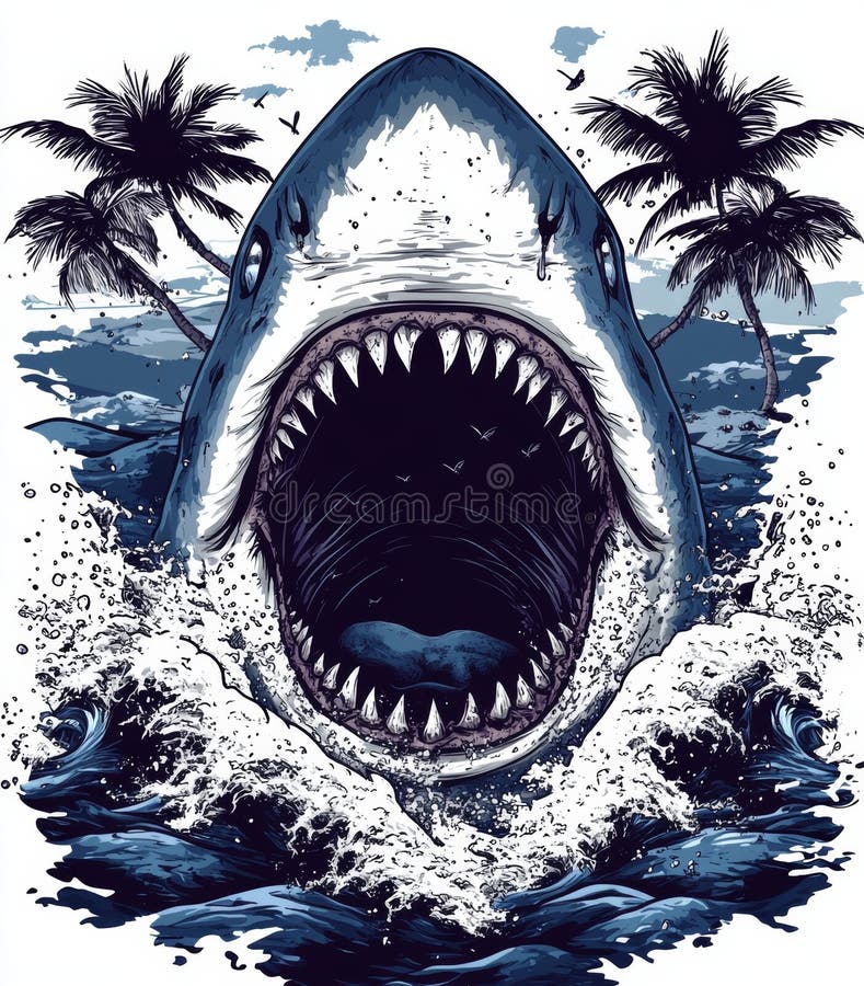 In the Ocean, a Blue and White Shark with Its Mouth Open Swims, while a ...