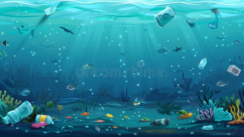 Ocean Bottom with Plastic Garbage. Different Kind of Garbage Floats in ...