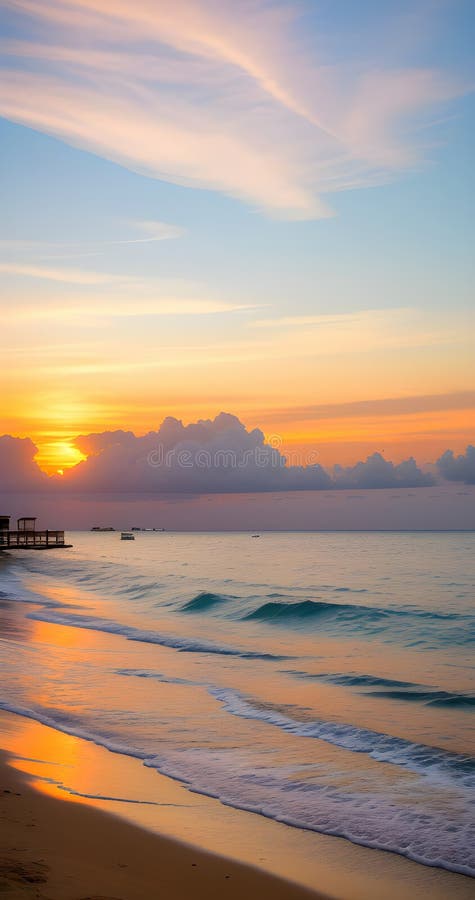 The Ocean is Calm and the Sky is a Beautiful Orange Color Stock ...