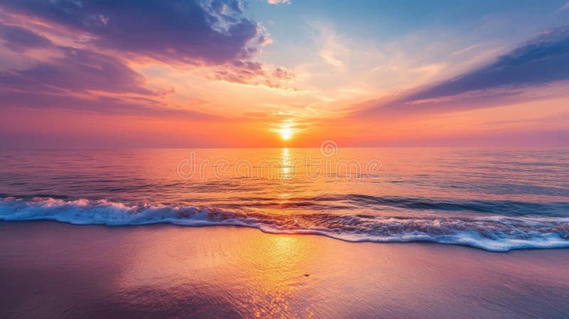 The Ocean is Calm and the Sky is a Beautiful Orange Color Stock ...