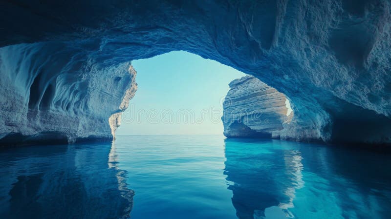 Ocean Cave Entrance with Blue Water and Rock Formations Stock ...