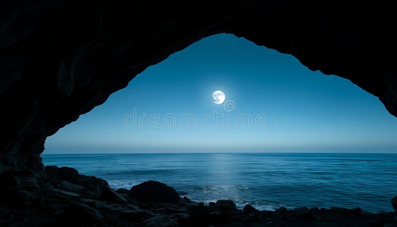 Ocean Cave Opening with Moonlight, Seascape and Night Scene Generative ...