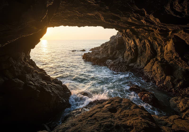 Ocean Cave Sunset: a Serene Coastal View Stock Illustration ...