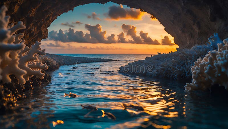 Sunset View from a Coastal Cave with Coral Reef Stock Illustration ...