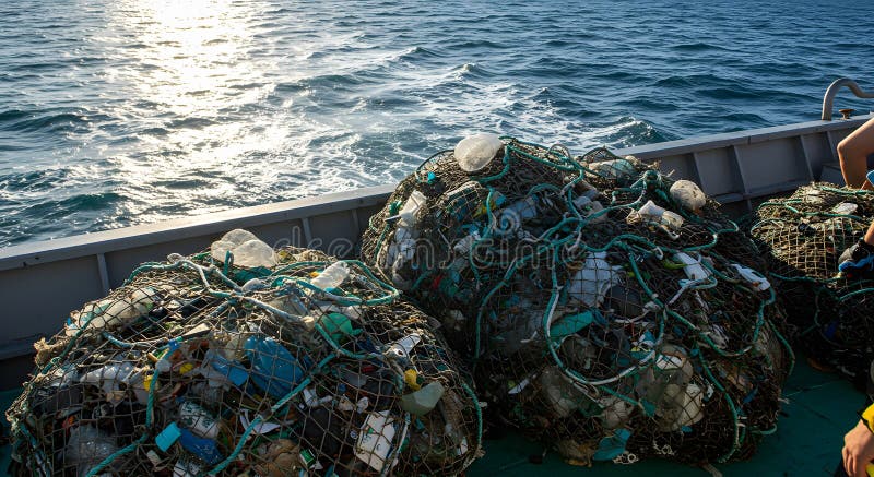 Ocean Cleanup: Nets Full of Plastic Waste on Boat, Environmental ...