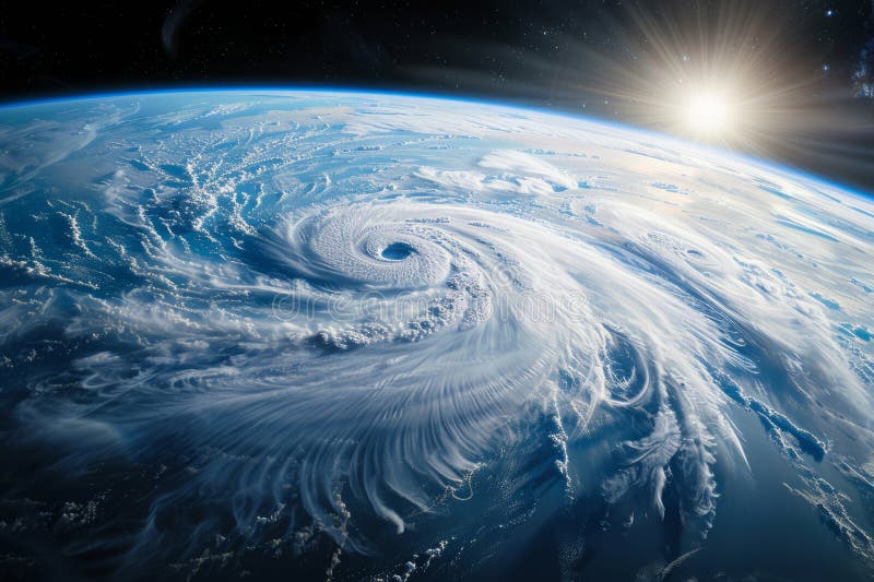 Ocean Cyclone with Swirling Clouds, View from Space. Hurricane in Sea ...