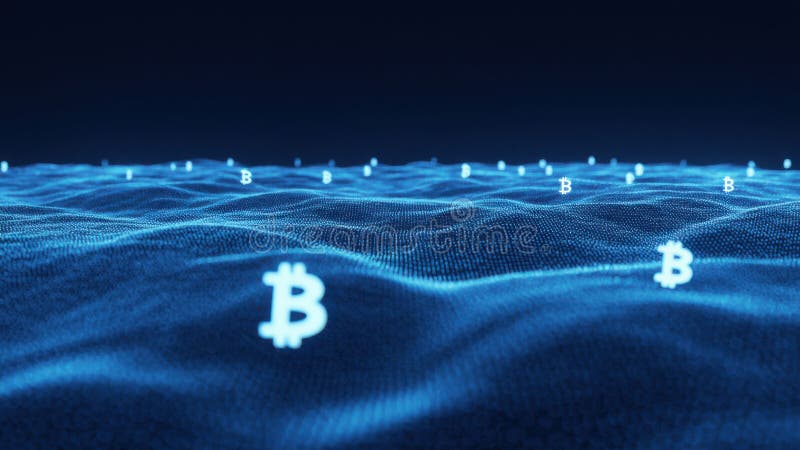 Ocean with Digital Data Waves and Floating Bitcoin Currency Symbols ...