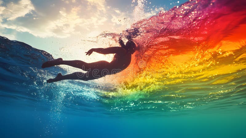 Ocean Diver Sunset Rainbow Splash Underwater Stock Photo - Image of ...