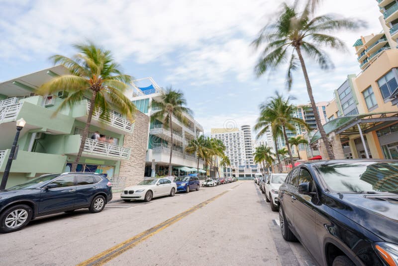 Ocean Drive Miami Beach FL View Down 14th Street North Stock Photo ...