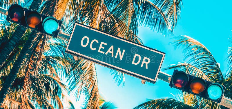 Ocean Drive Sign and Traffic Light Stock Photo - Image of scenic ...