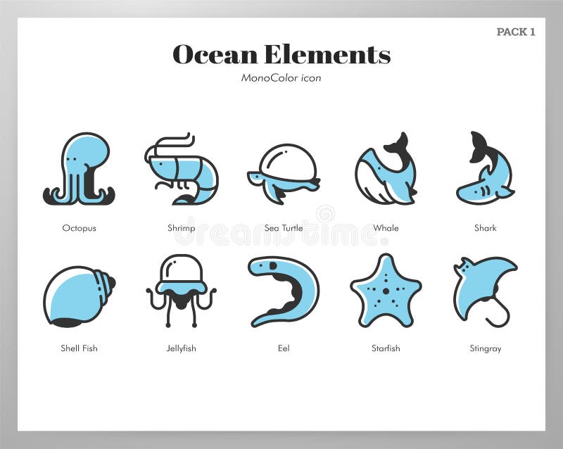 Ocean Elements MonoColor Pack Stock Vector - Illustration of jellyfish ...
