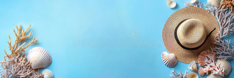 Ocean Feel: Shells, a Straw Hat, and Exotic Leaves Against a Blue ...