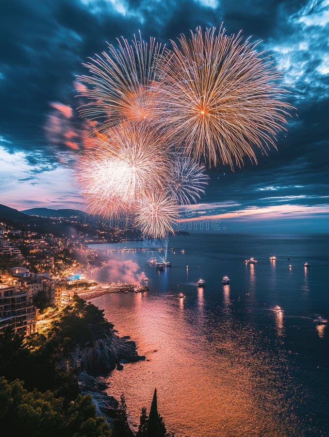Ocean Fireworks Display stock image. Image of night - 378107303