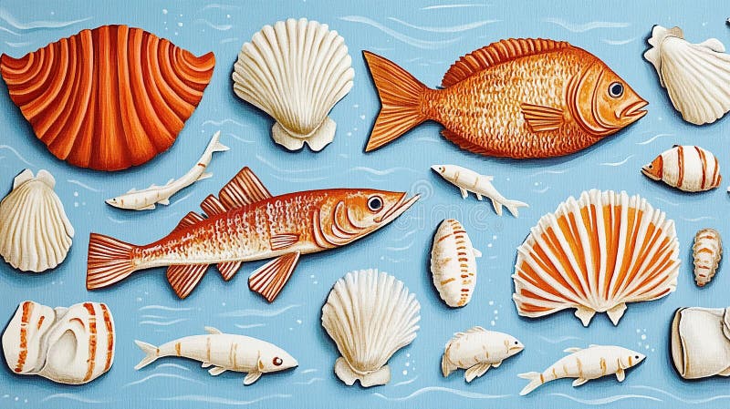 Ocean Fish, Shells, Paper Art, Blue Background, Design Stock Photo ...