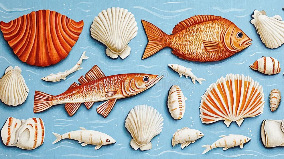 Ocean Fish, Shells, Paper Art, Blue Background, Design Stock Photo ...