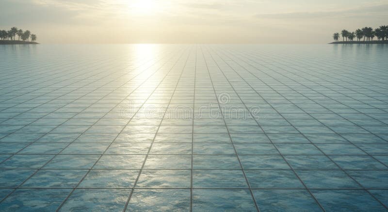 Ocean Grid at Sunset with Palm Trees Stock Illustration - Illustration ...