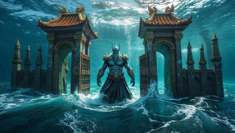 Ocean Guardian Emerging from Deep Current Vortex beside Drowned Palace ...