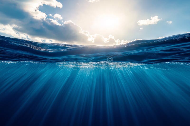 Ocean Half-Underwater: Sunlit Surface and Filtering Light Rays Stock ...