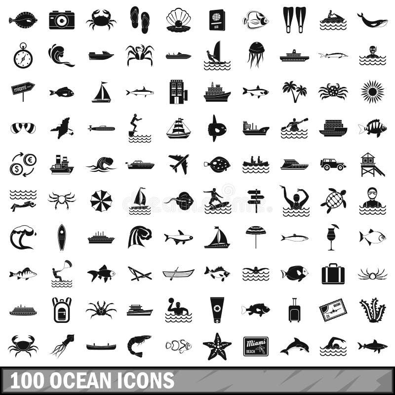 100 Ocean Icons Set, Simple Style Stock Illustration - Illustration of ...