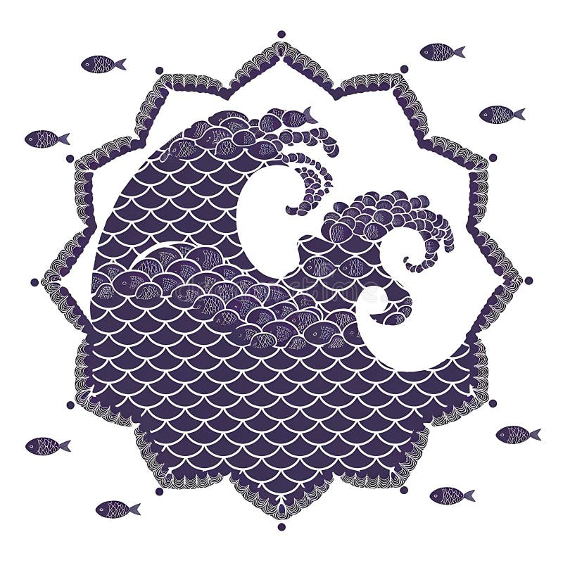 Ocean-inspired Mandala Silhouette with Wave Patterns and Fish Scales on ...