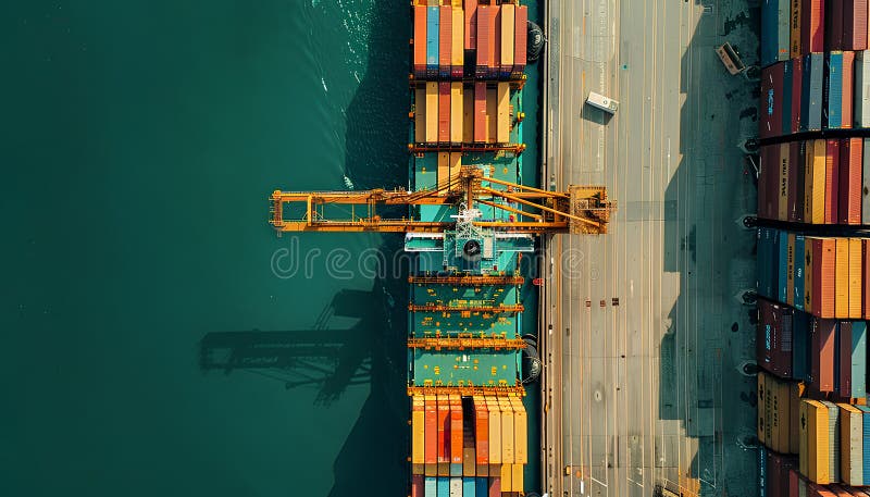 Ocean Large Container Ship in the Port Unloading, Top View Stock ...