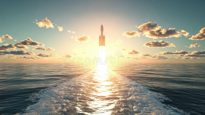 Ocean Launch a Powerful Rocket Ignites Against the Horizon Blasting ...